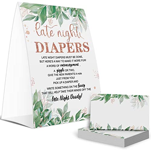 Late Night Diapers Sign & cards(1 Standing Sign + 20 Blank Greeting Cards), Eucalyptus Cards Diaper Thoughts, Baby Shower Diaper Game Write Funny Inspirational Message