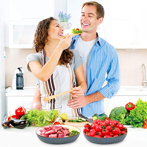 JDZTC Porcelain 26 Ounce Pasta Bowls Set of 4, 8 inch Wide and Shallow Salad Bowls, Serving Bowls, Microwave & Dishwasher Safe, Sturdy & Stackable, blue grey