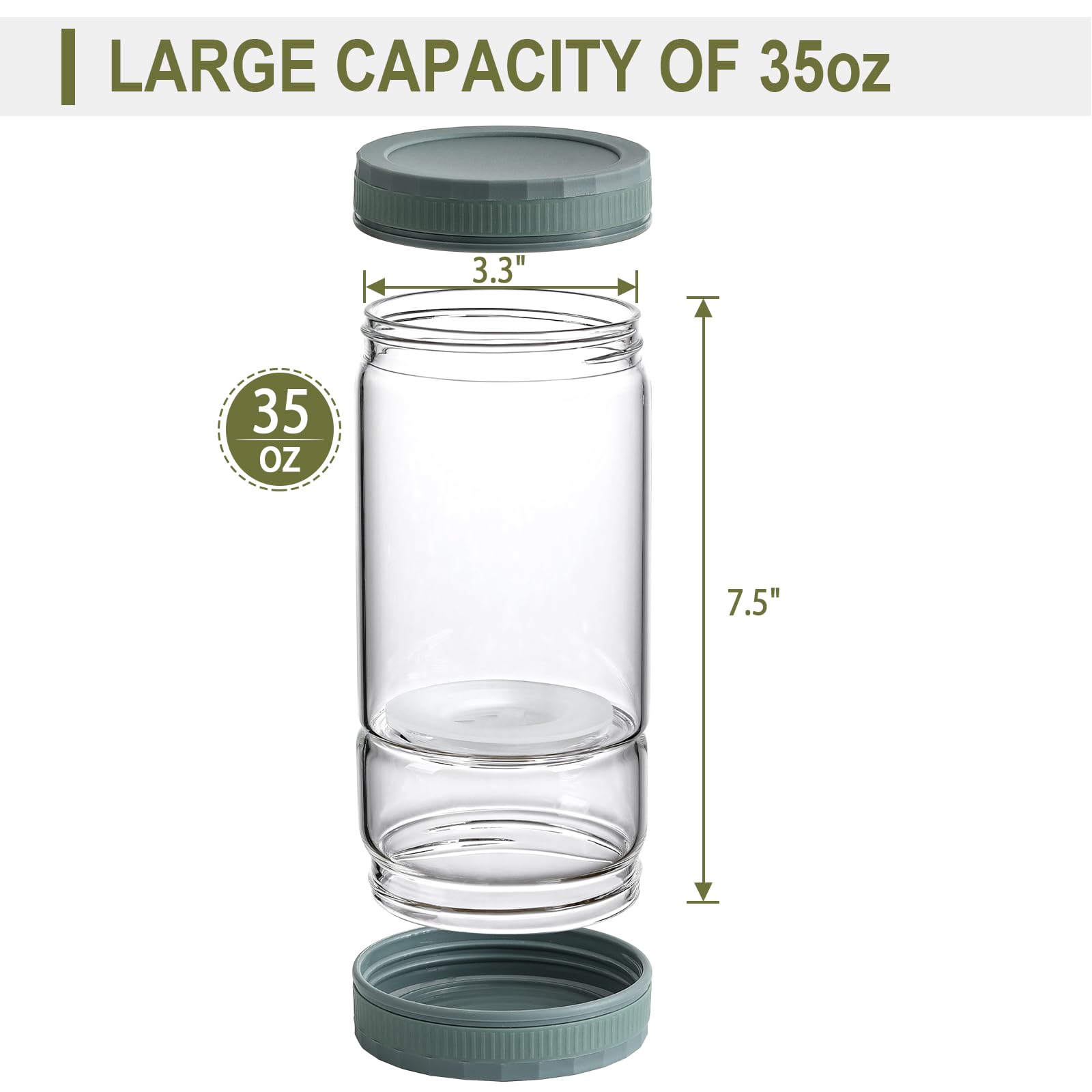 LANDNEOO 2 Pack 36oz Glass Pickle Jar with Strainer Flip, Airtight Olive or Kimchi Hourglass Container, Pickle Flip Holder Separate Food from Pickle Juice, Green