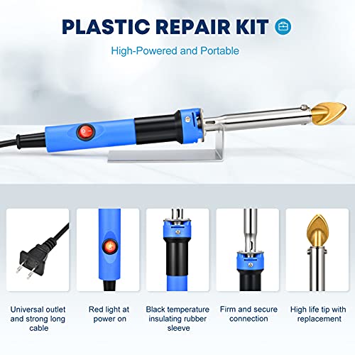 Kohree Plastic Repair Welding Kit, with 40 Plastic Rods, 3 Sponge, 2 Welder Tips, 2 Mesh, 1 Metal Stand,1 Metal Brush, 80W Iron, 110V, Plastic Welder Kit for DIY, Car Bumper, Dashboard, Kayak, Canoe