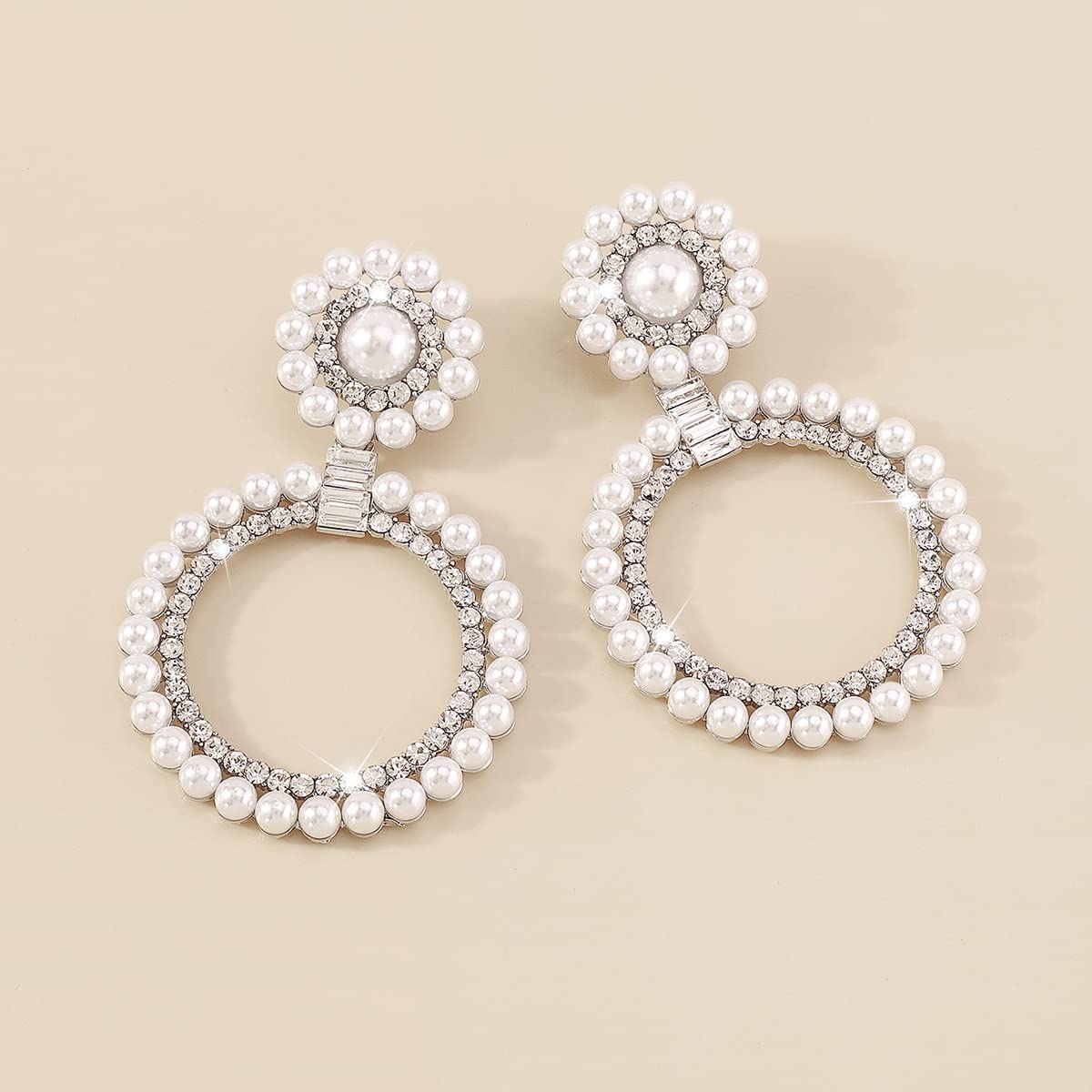 Jumwrit Pearl Hoop Earrings Big Circle Dangle Drop Earrings Rhinestone Round Stud Earrings Statement Pearl Earrings for Women Girls(Silver)
