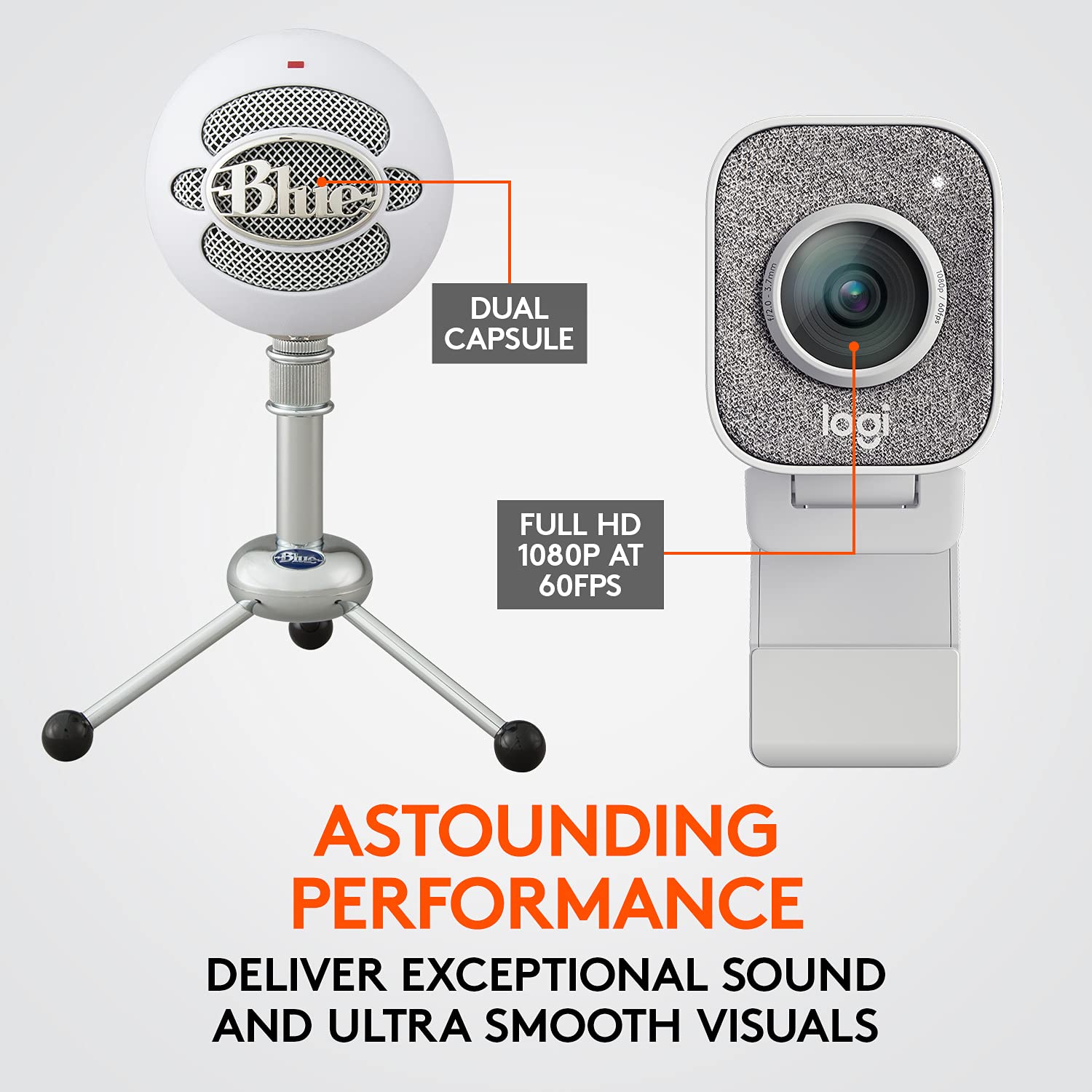 Logitech for Creators StreamCam Premium Webcam, Full HD 1080p 60 fps, Premium Glass Lens, Smart Auto-Focus, White and Blue Snowball USB Microphone β Textured White