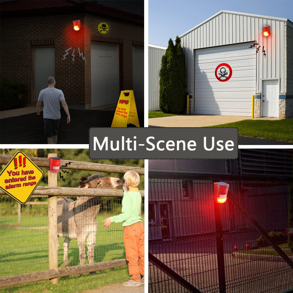 LEDHOLYT 2Pcs Solar Strobe Light with Sound, Wall Mounted Outdoor Motion Red Sensor Alarm,4 Mode IP65 Waterproof Motion Flashing Sensor Siren 129db Warning Sound for Home Fence Farm Yard Garage Barn.