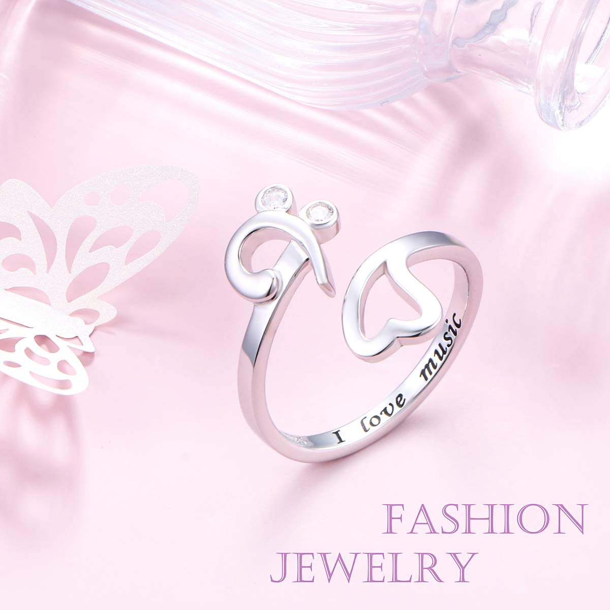 I Love Music Ring 925 Sterling Silver Cubic Zirconia Musical Note Heart Charm Adjustable Open Ring Gift for Women Music Lover, 9