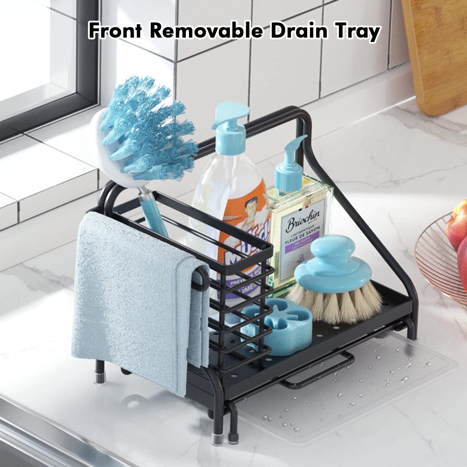 Livod Sink Caddy,Kitchen Sink Caddy Sponge Holder with Drain Tray, Stainless Steel Rustproof Dish Brush Caddy Kitchen Sink Organizer for Countertop,(Black)
