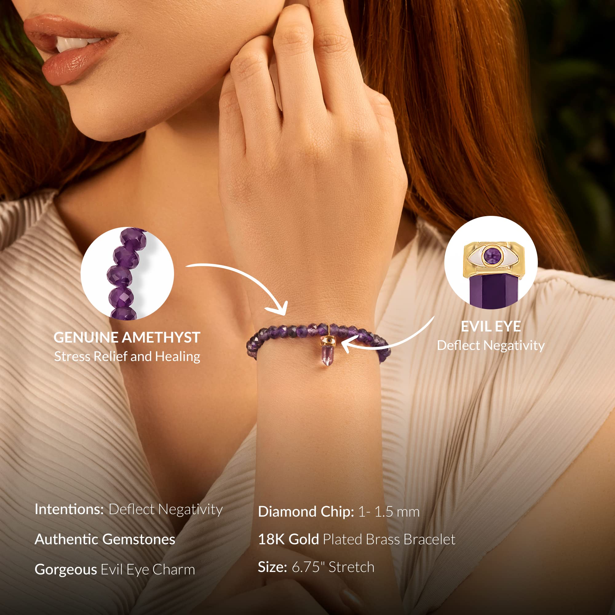 KARMA AND LUCK Soothing Power : Women's Gold Plated Brass Real Amethyst Stone Evil Eye Pointer Charm Beaded 6.75" Bracelet with a Gorgeous Embedded Diamond Chip (1-1.5 mm), Made in Thailand