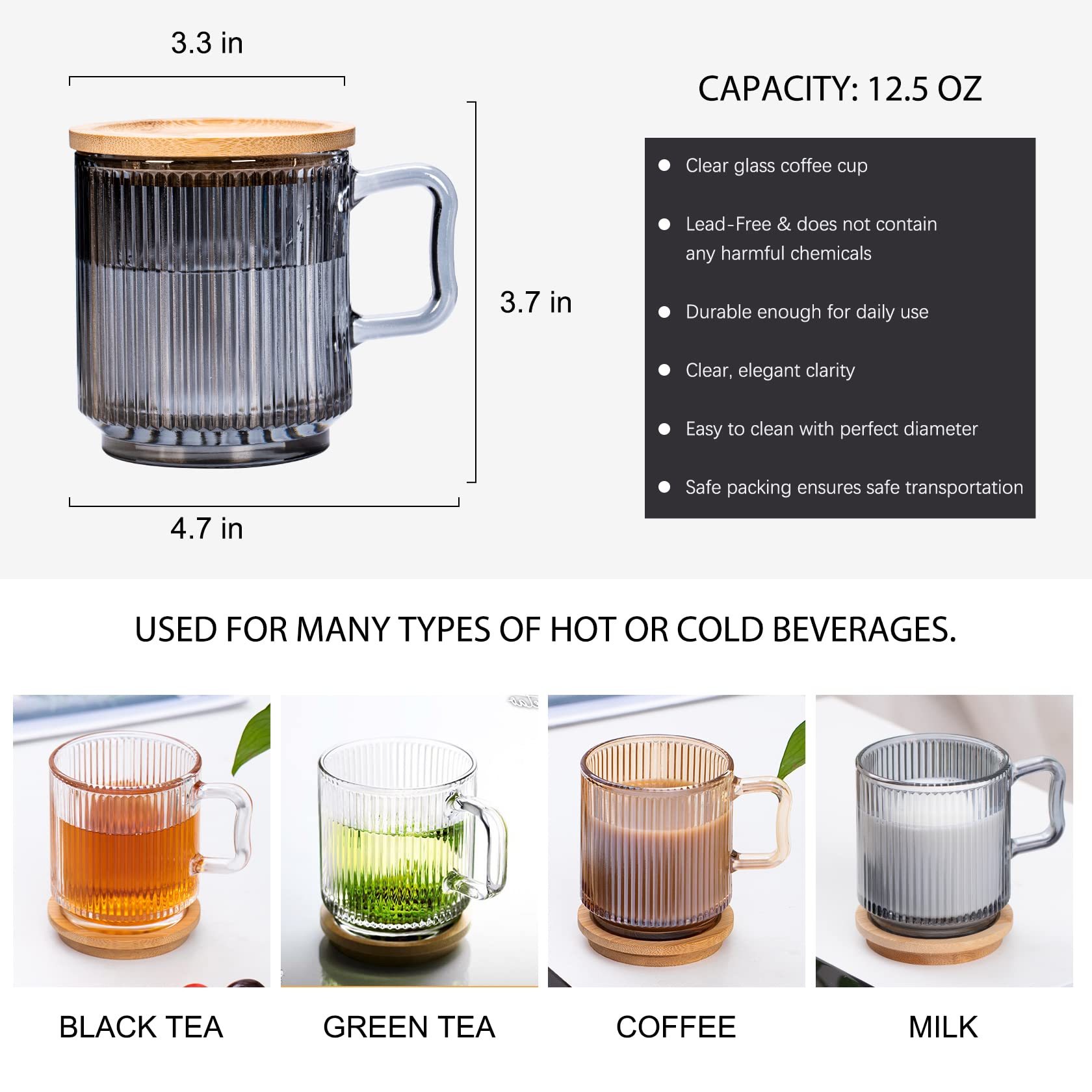 Leadiy Pink Glass Coffee Mug with Lid, Clear Glass Coffee Cups, Classical Vertical Stripes Coffee Mugs for Latte Juice Tea 12.5 Ounces