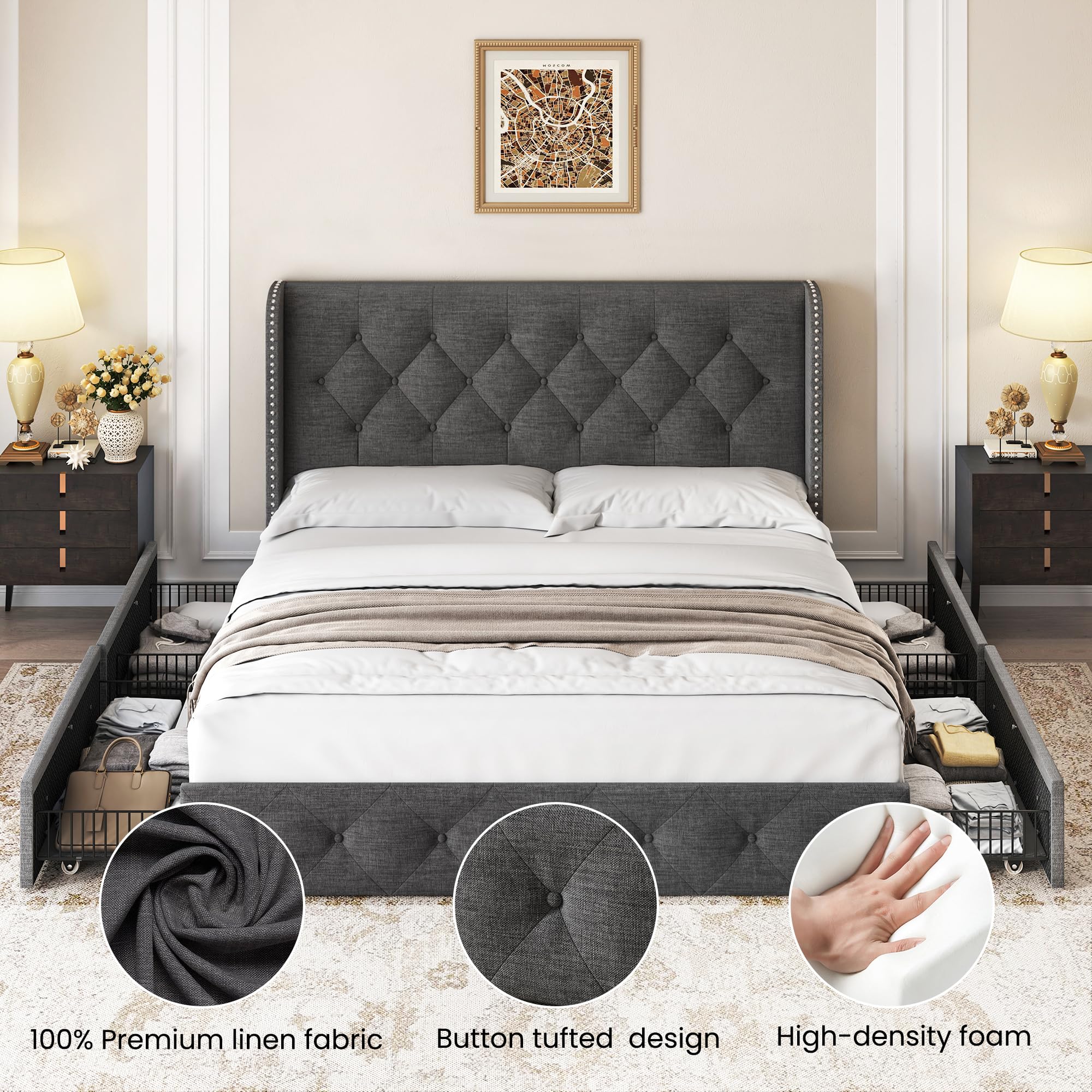 LARMACE King Size Bed Frame with 4 Storage Drawers and Wingback Headboard Linen Upholstered Platform Bed Tufted Bed Frame with Wood Slats Support, No Box Spring Needed, Light Grey