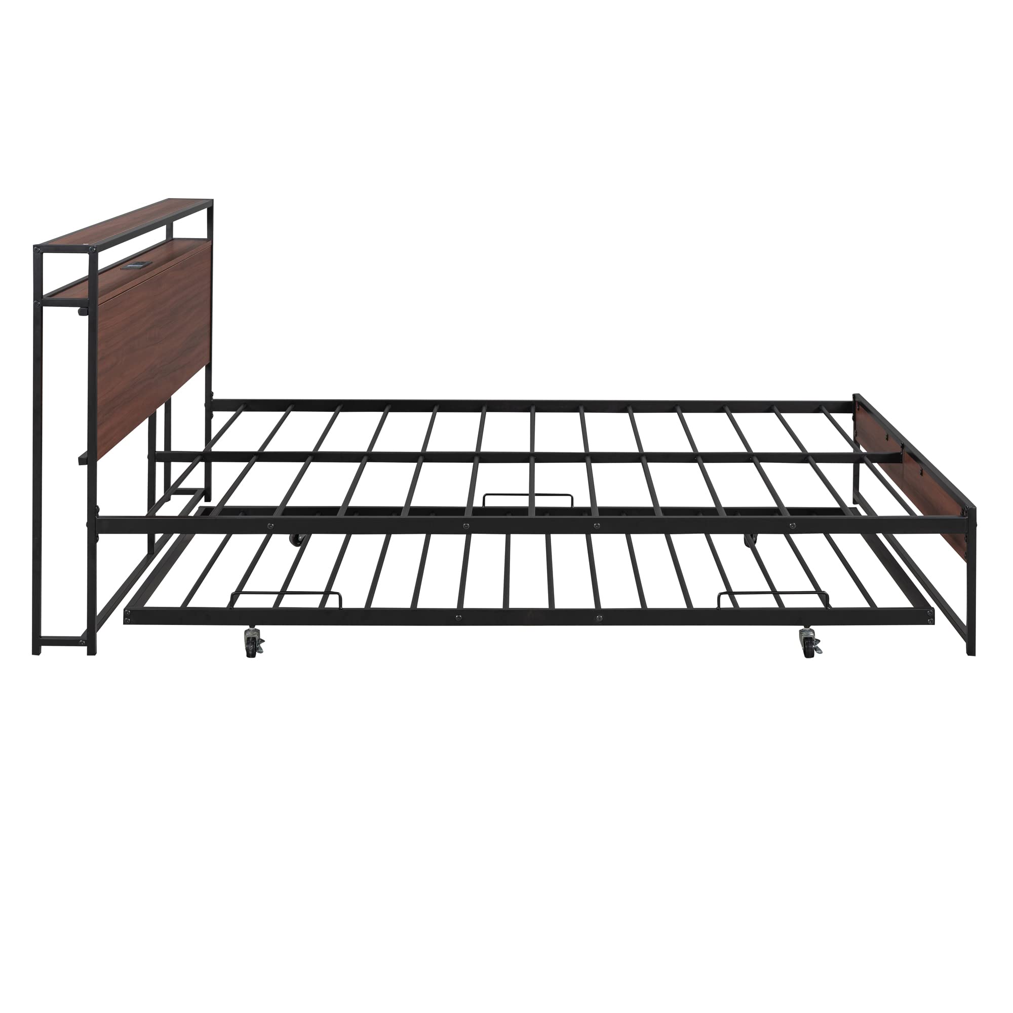 LostCat Queen Bed with Trundle, Metal Bed Frame with Twin Size Trundle, Queen Size Bed Frame with Storage Headboard USB Ports Outlets for Bedroom, Steel Slat Support, No Box Spring Needed, Black