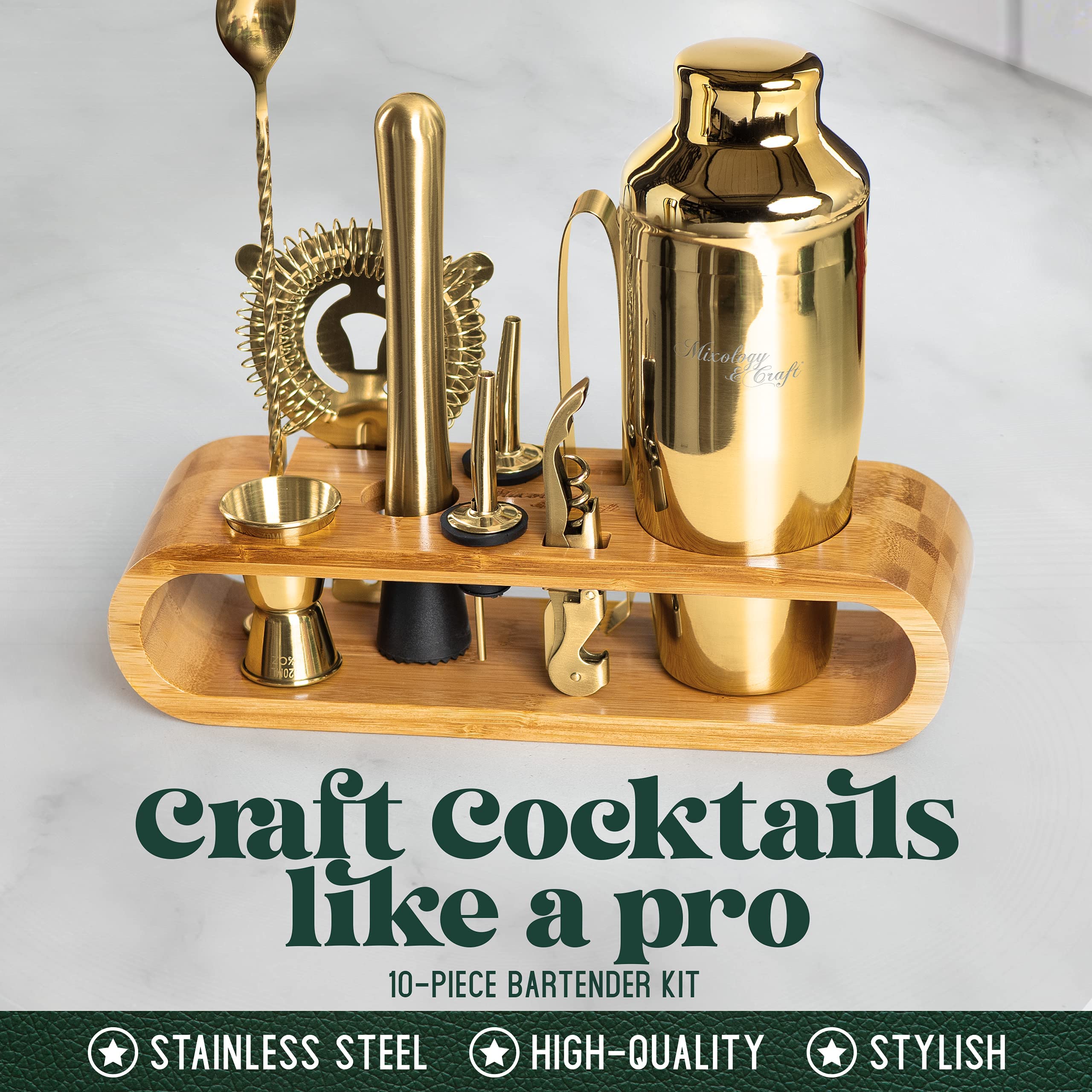 Mixology Bartender Kit: 10-Piece Bar Tool Set with Bamboo Stand | Perfect Home Bartending Kit and Martini Cocktail Shaker Set For a Perfect Drink Mixing Experience | Fun Housewarming Gift (Gold)