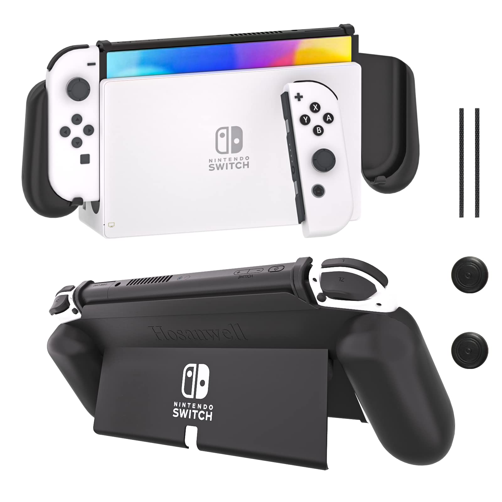 Hosanwell Hand Grip Compatible with Nintendo Switch/OLED - Comfortable & Ergonomic Hand Grip, Joy Con & Switch Accessories - Black [2 Thumb Caps Included]