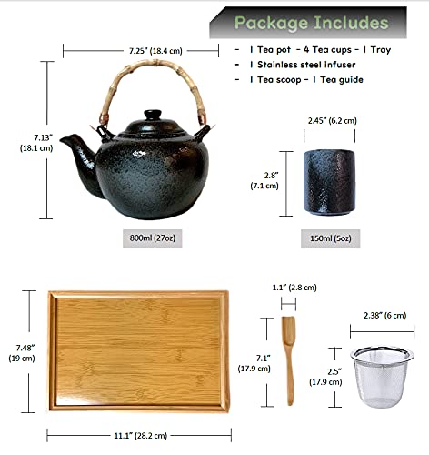 Japanese Asian Tea Set Ceramic Teapot with Strainer, Rattan Handle, 4 Tea Cups, Tea Scoop, Wooden Serving Tray and Instructions - Modern Teapot Set for Home and Office - Gift