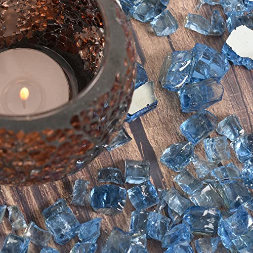 HOKPA Reflective Tempered Fire Glass 1lb, Blue Crushed Glass Fire Pit Glass Fire Gems Chips for Fire Pit Patio Fireplace Decoration Vase Filler