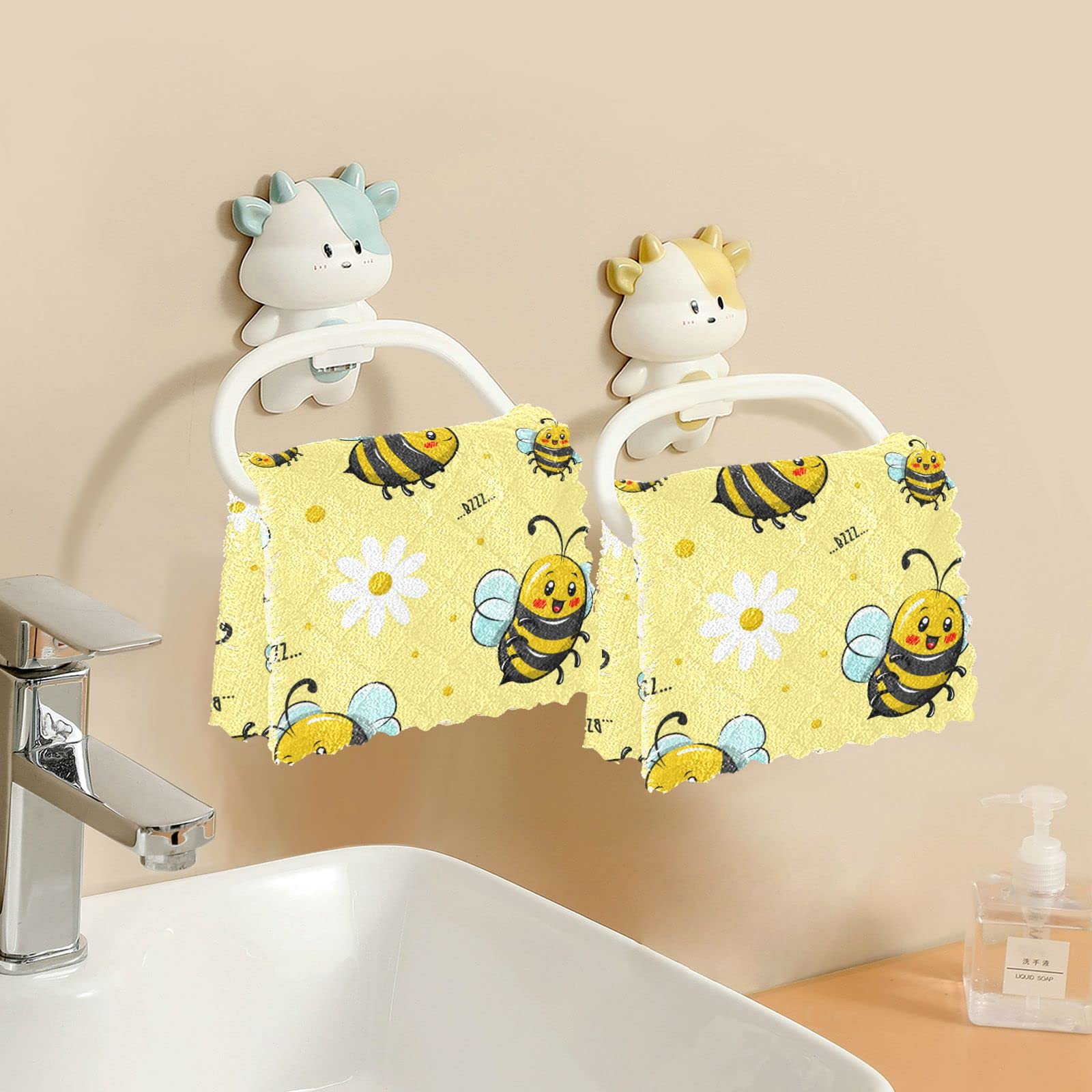 JIPONI 6 Pack Kitchen Dishcloth, Cute Honey Bee Cartoon Absorbent Dish Towels Reusable Soft Cleaning Cloths 11 x 11 inch