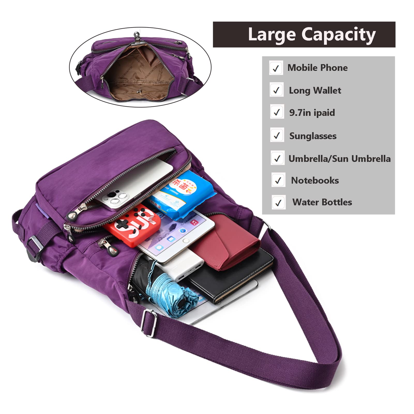 KARRESLY Crossbody Purse Bag Fabric Nylon Multi Pocket Tote Ladies Messenger Handbag(Red)