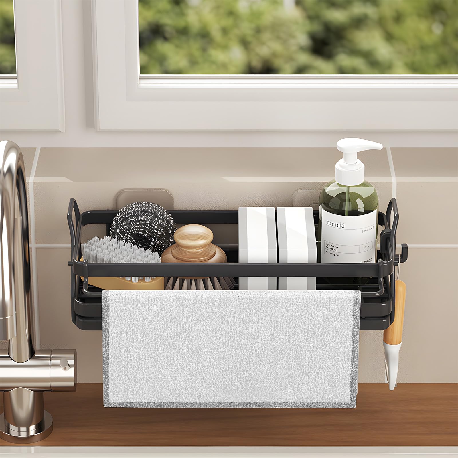 LBTING Sponge Holder for Kitchen Sink, Wall Mounted Sink Caddy with Self-Draining Drain Tray, Stainless Steel Kitchen Sink Caddy for Organizing Sponge, Brush, Soap Dish Dispenser β Black