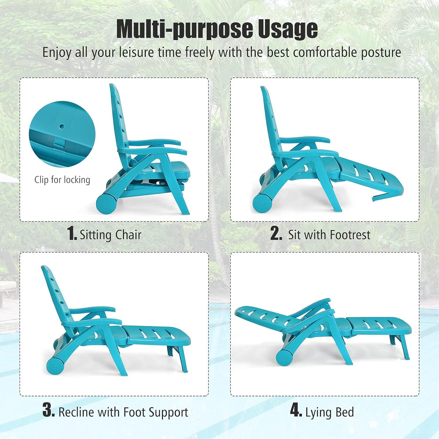 Moccha Plastic Folding Lounge Chair, 5-Position Adjustable Chaise Lounge with 2 Rolling Wheels, Armrest, Outdoor Chaise Chair for Patio, Beach, Backyard, Poolside, Home (1, Turquoise)