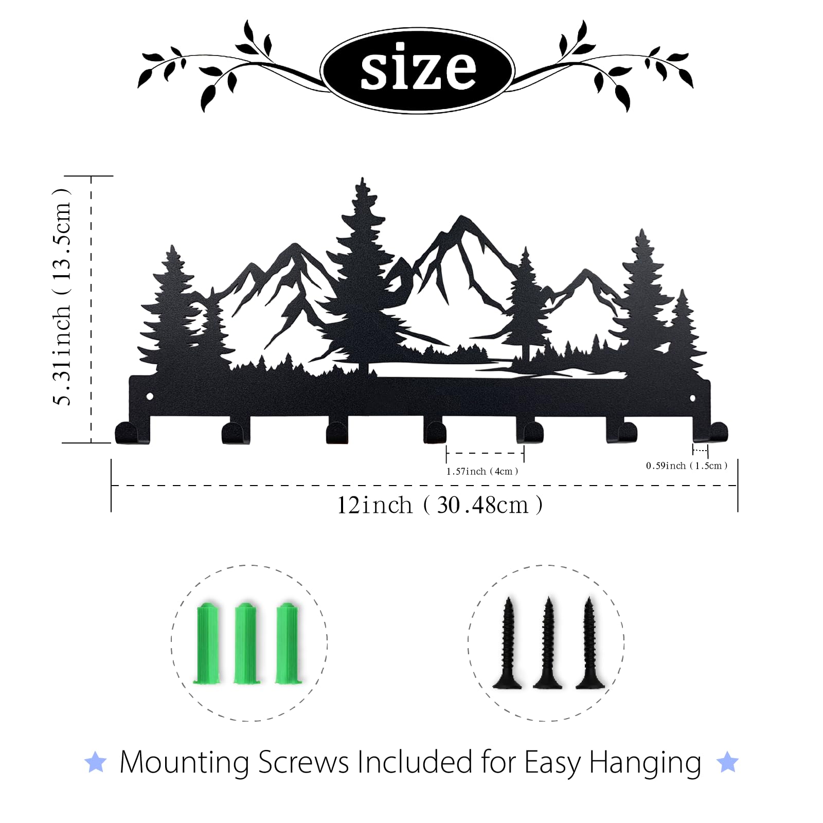 Metal Key Holder, Wall Mounted Key Hooks, Key Holder for Wall, Key Organizer Rack with 7 Hooks, Key Hanger Decor for Kitchen, Entryway, Hallway, Bedroom, Doorway (Mountain 12IN)