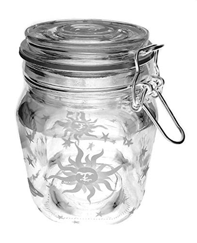 IncisoArt Hand Etched Glass Jar Airtight Canister Sandblasted (Sand Carved) Handmade Engraved Locking Wire Clamp Lid (Sun Moon Stars Planets, 38 Ounce)