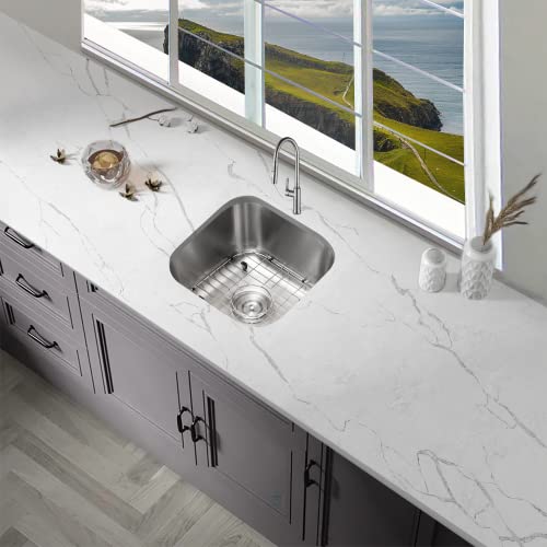 KABCO 16 Inch Square Single Bowl Stainless Steel Classic Kitchen Sink with Kitchen Sink Strainer, Garbage Basket and Sink Grid, 18 Gauge Undermount Rust Resistant Sound and Heatproof Swirl Finish Sink