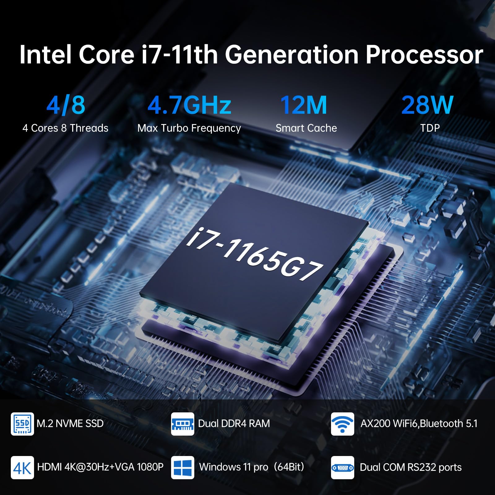 Kinupute Industrial Mini PC, Fanless Desktop Computer i7-1165G7 Windows 10 Pro, 16G DDR4, 256G SSD, 2xCOM, HDMI/VGA Port, 4K, Gigabit Ethernet, BT4.0/2.4G+5G WiFi for Industry Office HTPC, Metal Case