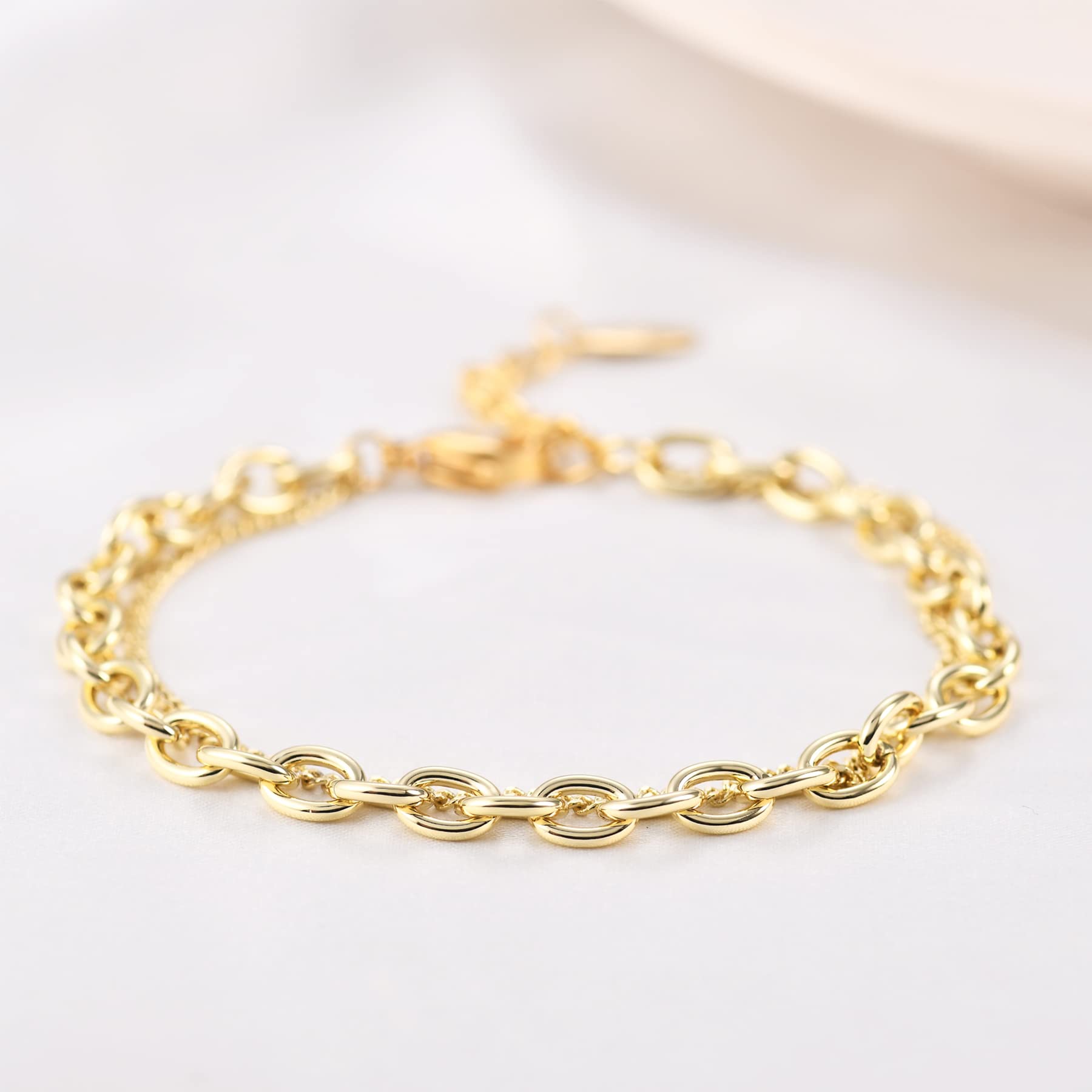 Kainier 14K Gold Plated Chain Bracelets for Women Dainty Cute Stainless Steel Cubic Zirconia Adjustable Layered Stacking Link Paperclip Bracelets (Layer Link)