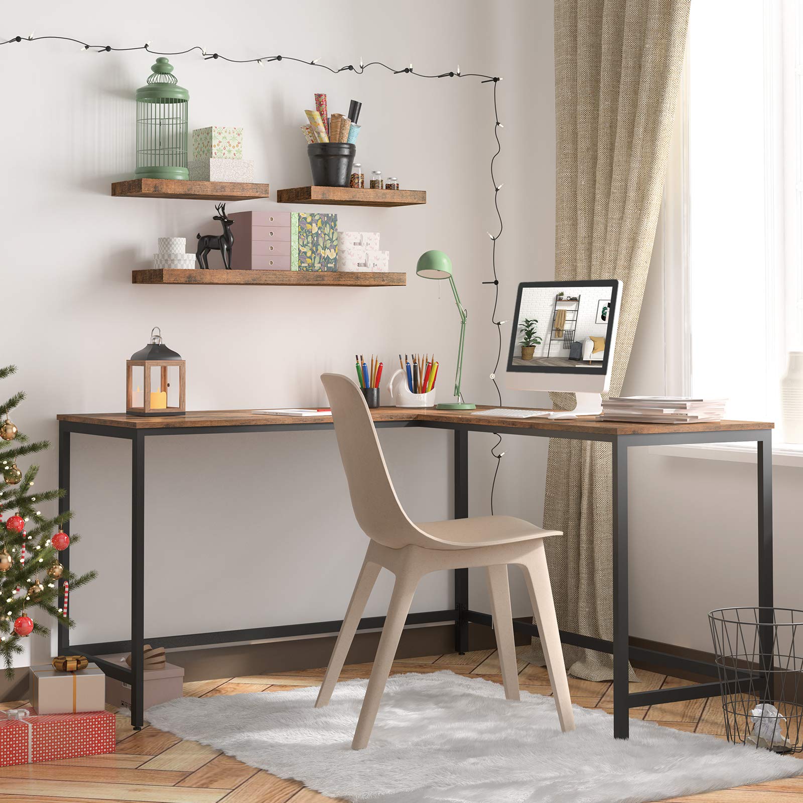 HOOBRO L-Shaped Computer Desk, Industrial Corner Writing Desk, Large PC Laptop Study Table Workstation for Home Office, Space-Saving, Sturdy Metal Frame, Rustic Brown BF30DN01