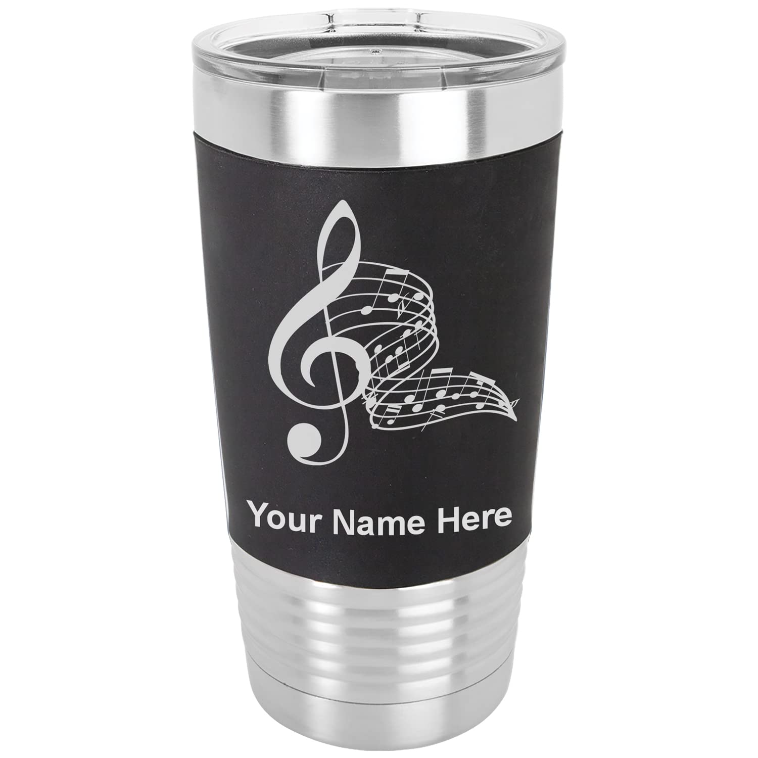 LaserGram 20oz Vacuum Insulated Tumbler Mug, Musical Notes, Personalized Engraving Included (Silicone Grip, Black)