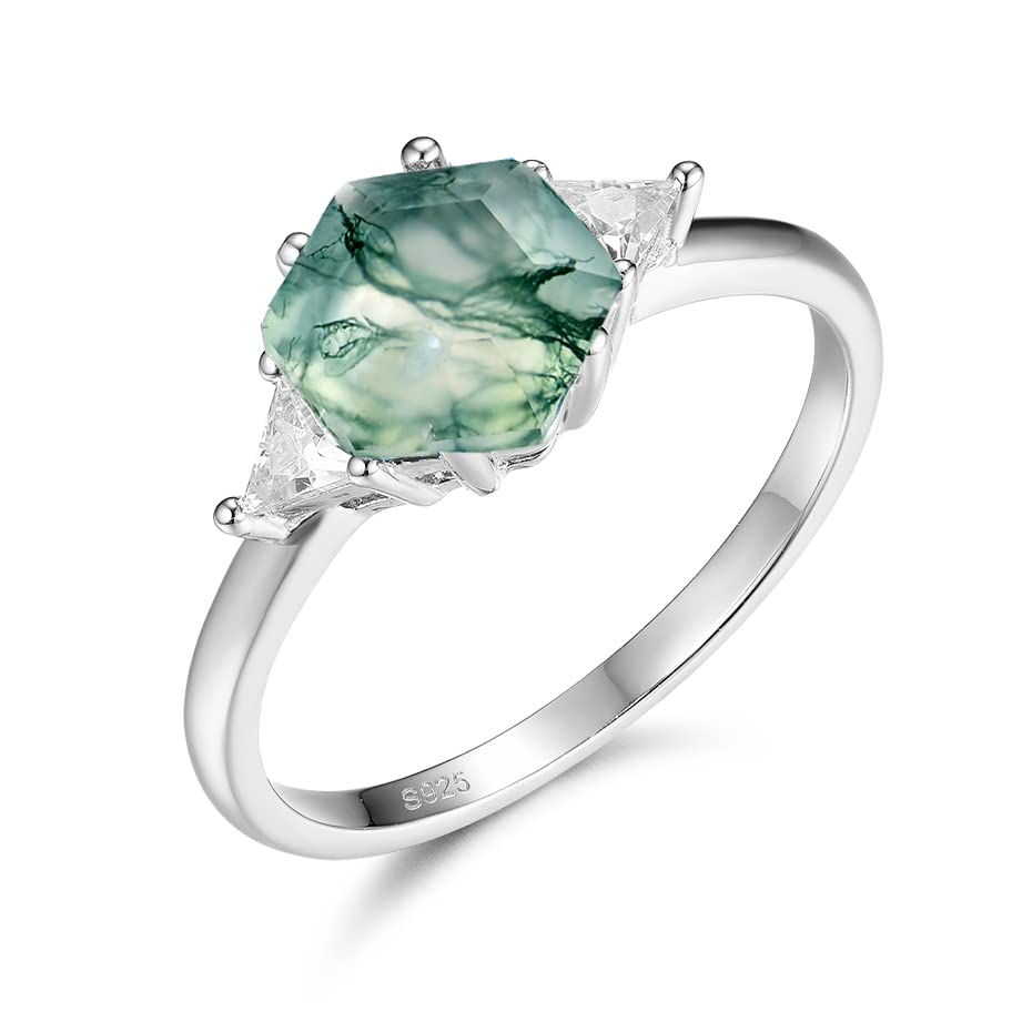 ITI KUOLOLIT 1.5ct Natural Moss Agate Ring Sterling Silver Hexagon Shaped Engagement Ring Green Agate Promise Wedding Rings for Women (Moss agate-White, 7)