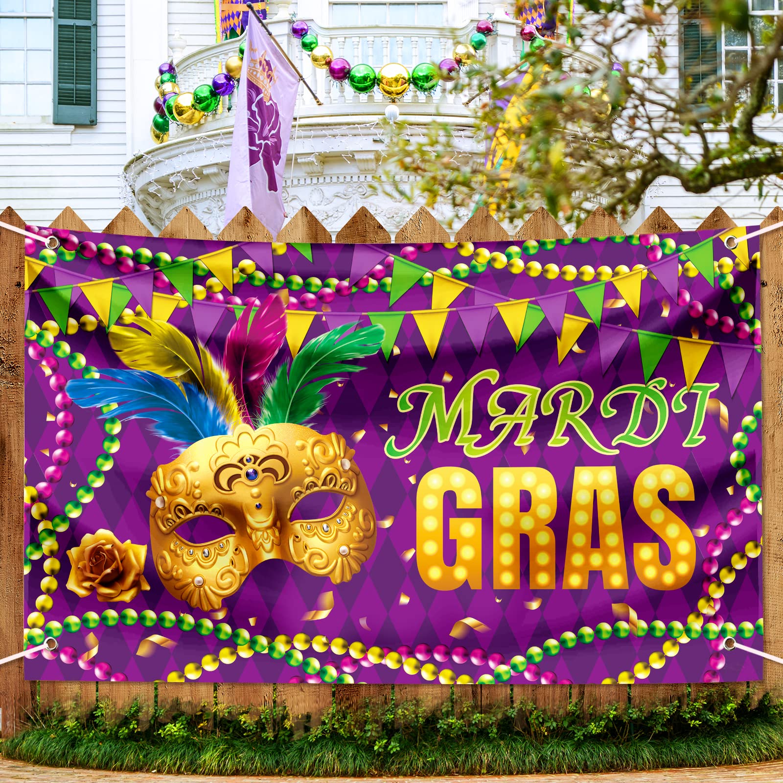 Large Mardi Gras Banner Decorations Purple Green Yellow Carnival Garden Flag Outdoor 72x44 Inch, Mardi Gras Gifts for Indoor Home House Decor Party Supplies, Yard Sign Background for Photography