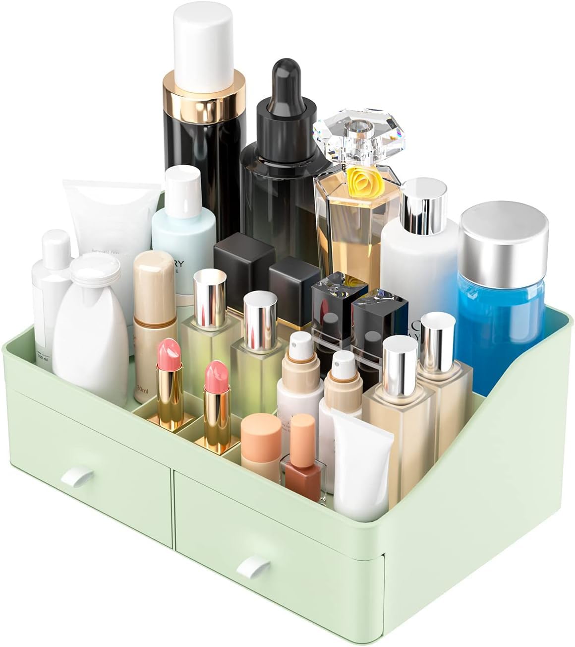Makeup Organizer, Cosmetic Desk Storage Box with Drawers Skincare Organizers for Dressing Table, Countertop, Bathroom Counter, Vanity Holder for Brushes, Lotions, Lipstick, Perfume (White Large)