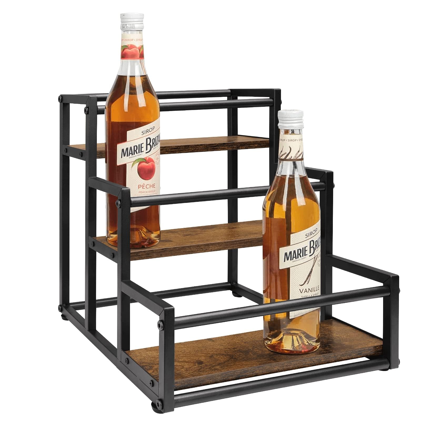 Homode Coffee Syrup Rack Organizer, 12 Bottle Syrup Holder Stand for Coffee Bar, 3 Tier Shelf Storage Rack for Liquor Syrup Wine for Countertop, Kitchen, Coffee Station, Rustic Brown Black