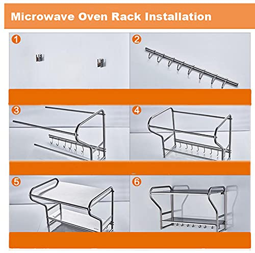 INTBUYING 2 Layer Microwave Oven Wall Mount Shelf Stainless Steel Kitchen Storage Organization with Removable Hooks