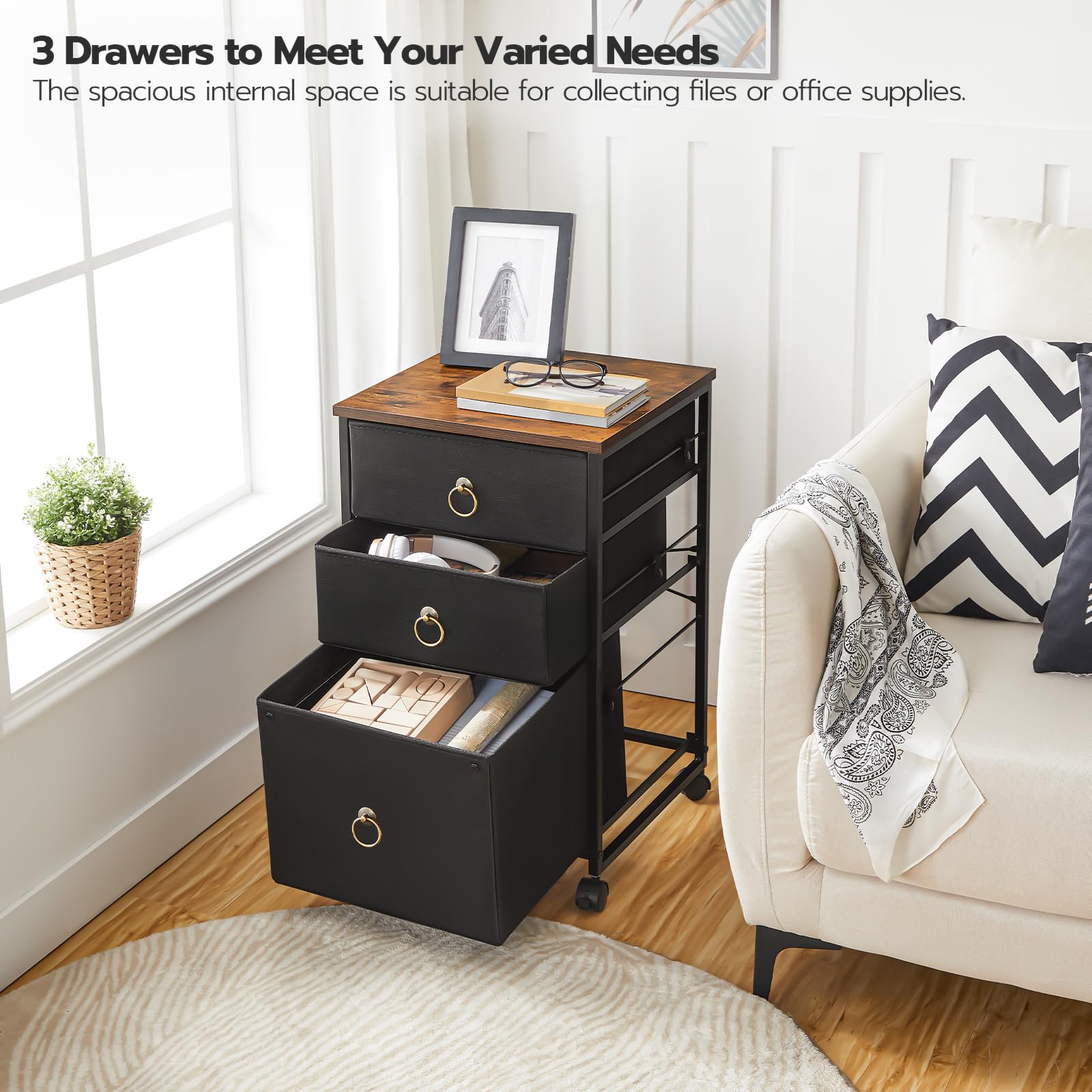 HOOBRO Mobile File Cabinet, Rolling Printer Stand with 3 Drawers, Fabric Vertical Filing Cabinet, Office Cabinet, Filing Cabinet for Home Office, A4/Letter-Sized, Rustic Brown and Black BFK30WJ01