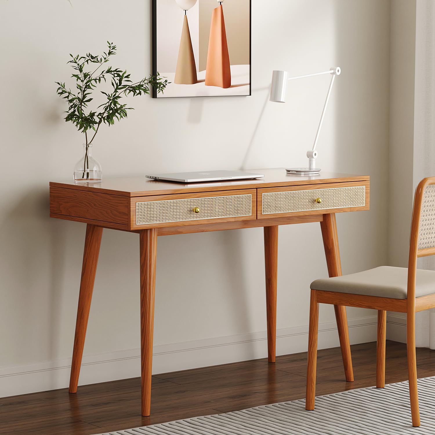 Longcoam Design Mid-Century Modern Solid Wood Desk with Drawers β 45 inch Small Boho Rattan Writing Desk for Home Office, Minimalist Design Natural Wood Legs Table for Workspace Elegance