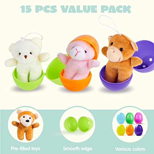 JOYIN 15 Pcs Prefilled easter eggs with Plush Animals for Kids, Filled with Mini Animal Keychain for Easter Basket Stuffers easter egg Hunt, Party Favors and Classroom Prize Supplies