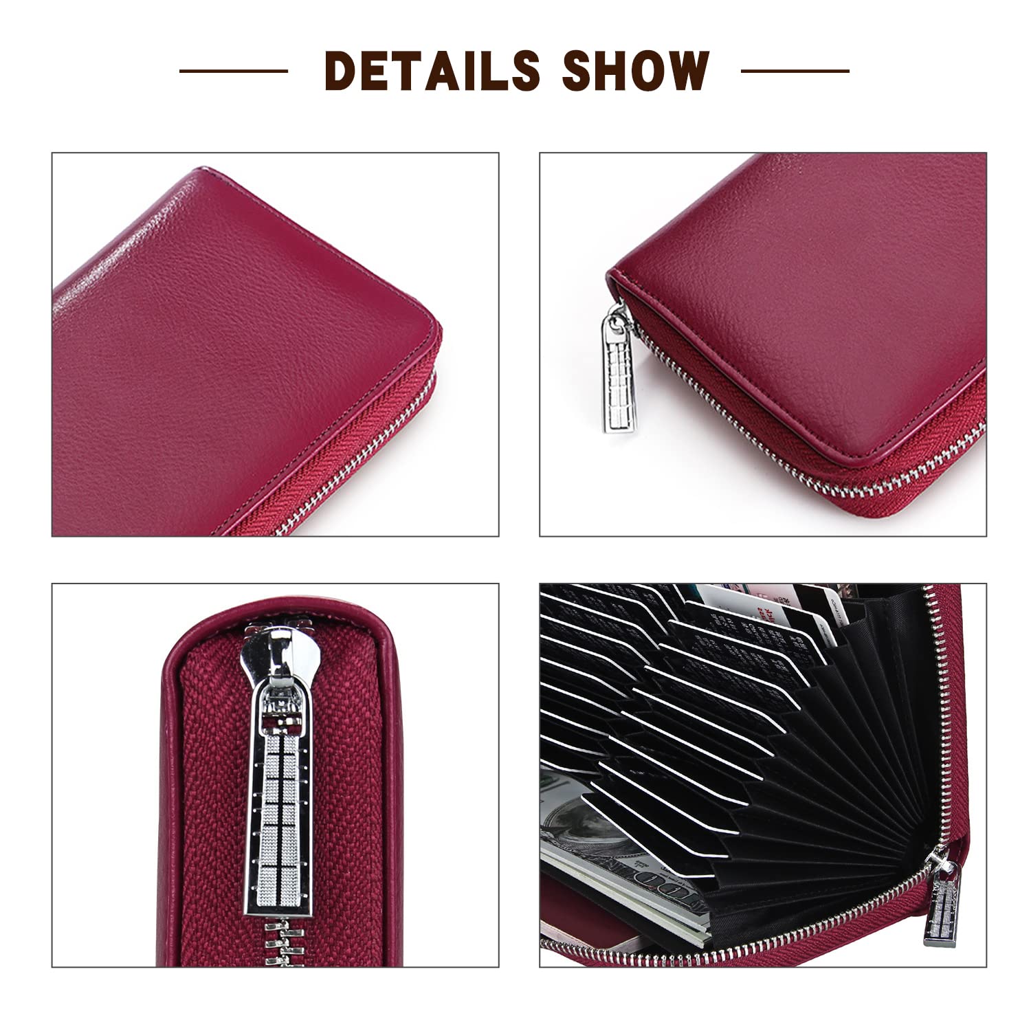 LOKNGXU Women's Large Capacity Wallet Genuine Leather Credit Card Wallet 36 Card Slots Billfold Coin Purse Zip Around Checkbook Wallet RFID Blocking (wine red color)