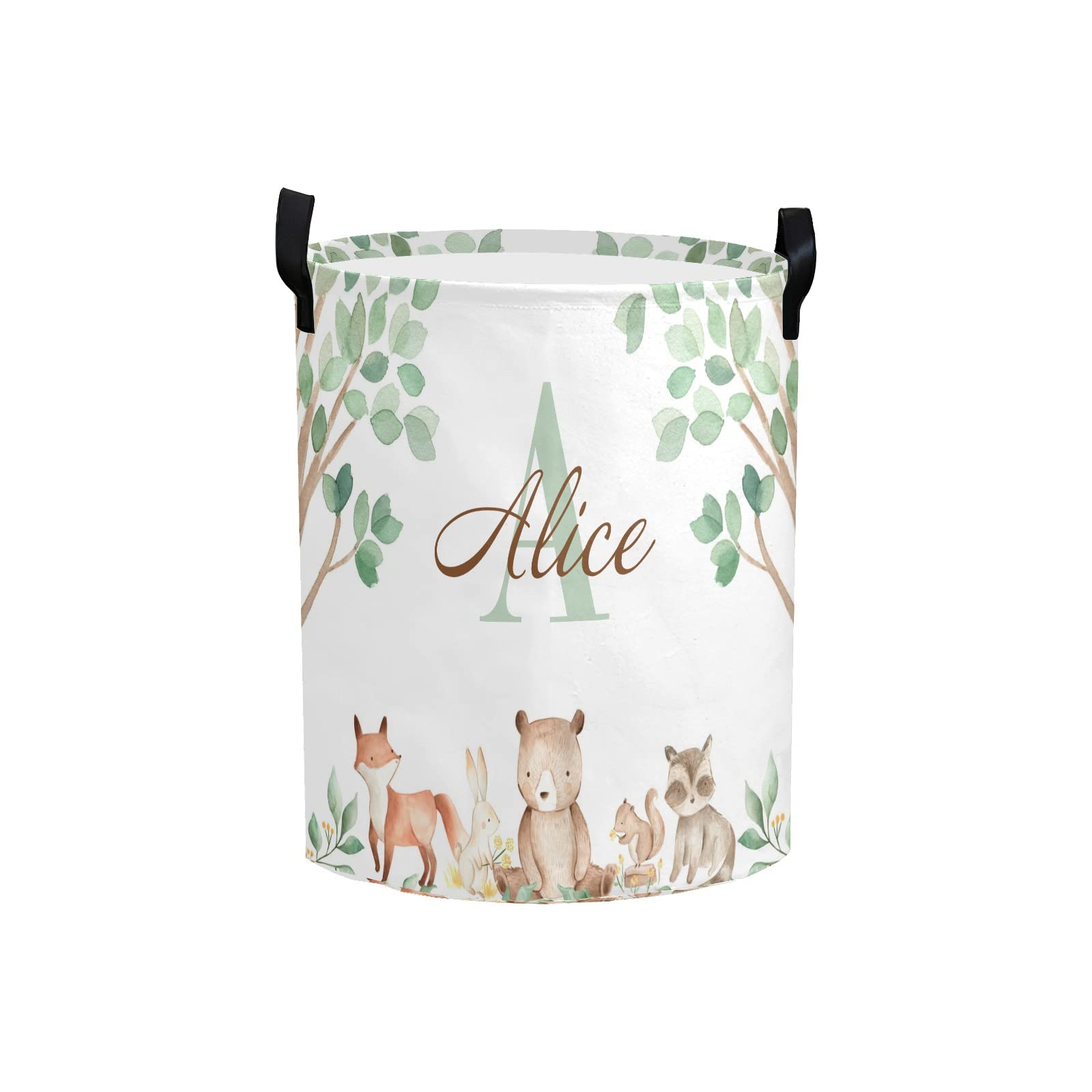 Laundry Basket Customized Name Organizer Storage Round Baskets Foldable Laundry Hamper with Handle for Nursery Bedroom Decor (Green Tree Animals)