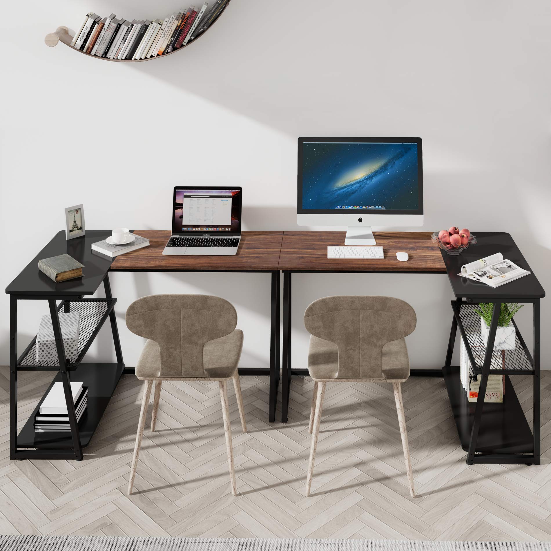 HOMOOI Small L-Shaped Desk with Storage Shelves, 47.2 Reversible Corner Writing Table for Home Office, Rustic Brown and Black
