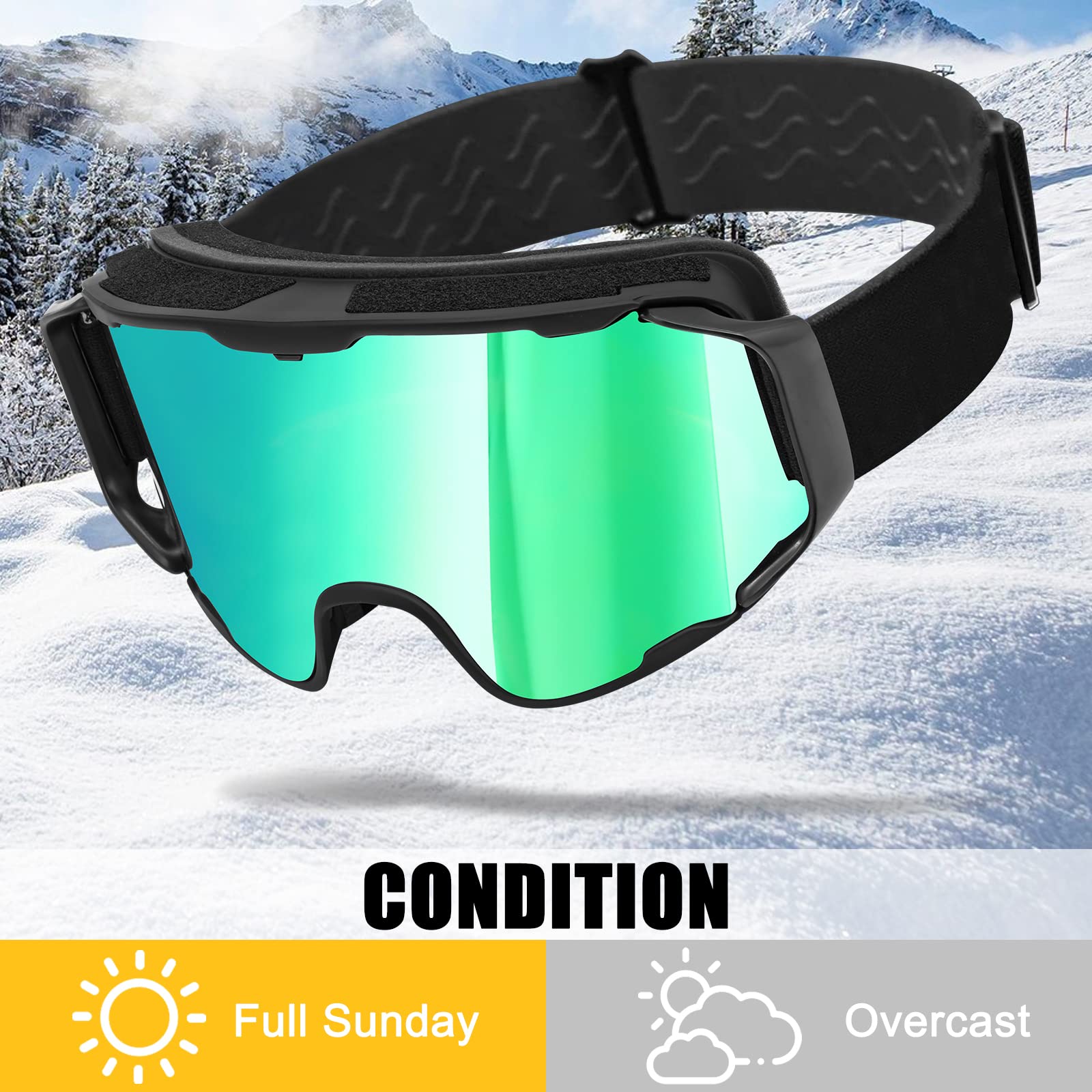 JiaTeums Men's and Women's Ski Snowboard Goggles, Anti-Fog, Adjustable, UV Protection