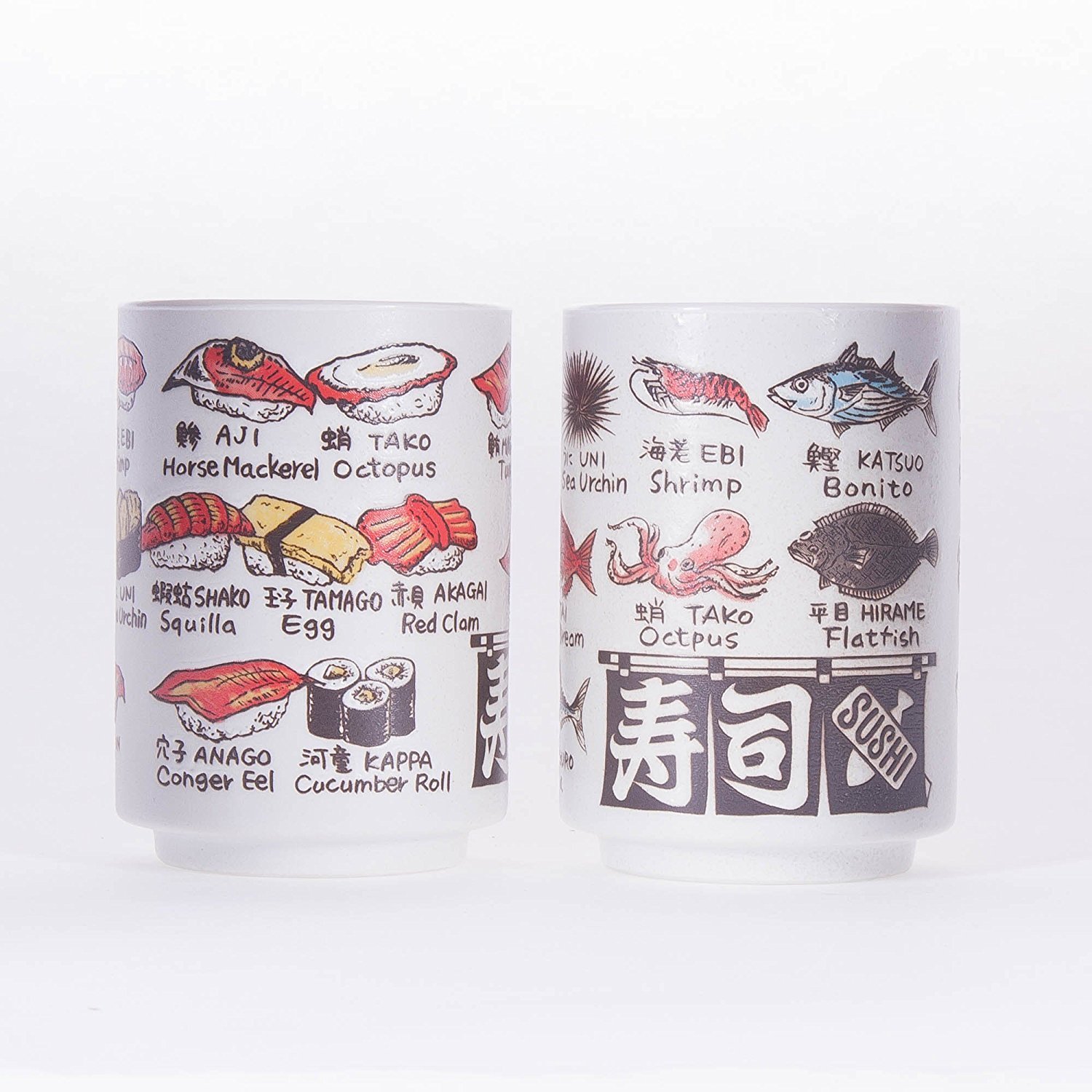 Japanese tea cup, Sushi-yunomi, ceramic, printed sushi and fish names and by English and Kanji, set of 2
