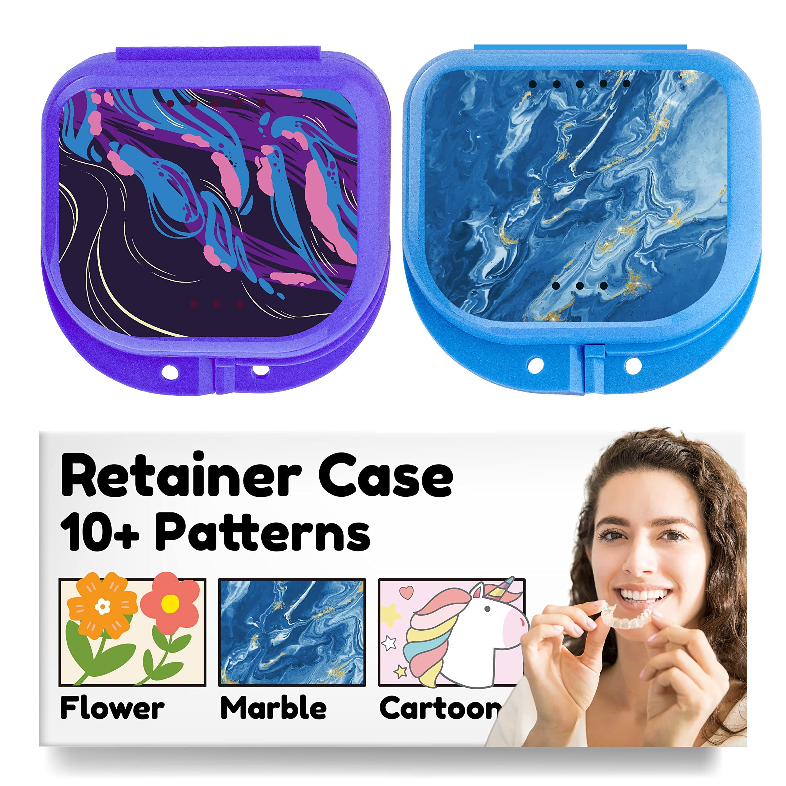 HOUSYLOVE Retainer Cases Cute, Retainer Holder Case 2 Pack, Aligner Case with Colorful Novelty Cute Patterns, Night Guard Case with Liquid Marble Patterns (Blue, Purple)