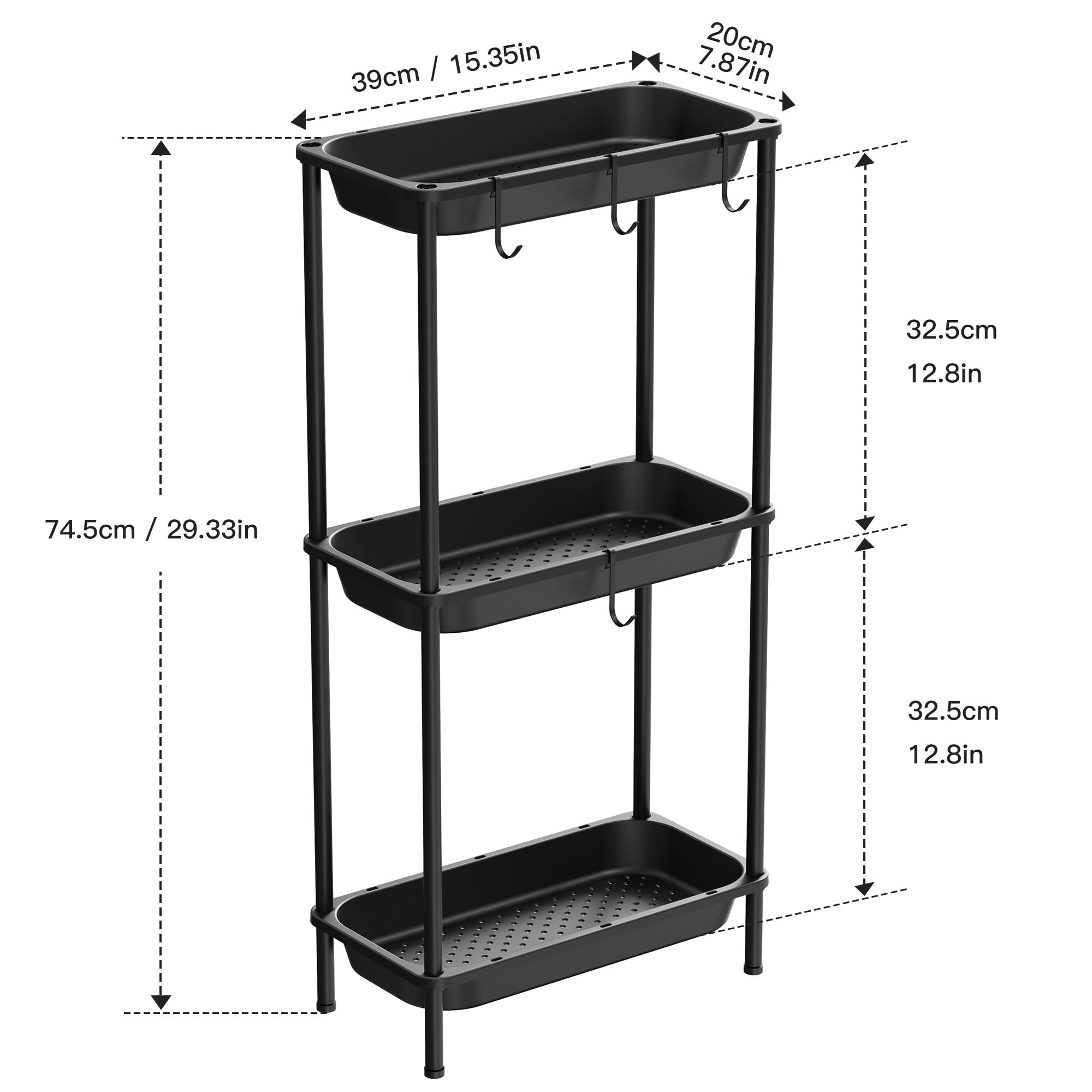 Orimade Rustproof 3 Tier Floor Standing Shower Caddy Organizer, Plastic Metal Splicing Floor Shelf Rack Stands for Bathroom Kitchen,15.35 x 29.33 x 7.87ββ, Black