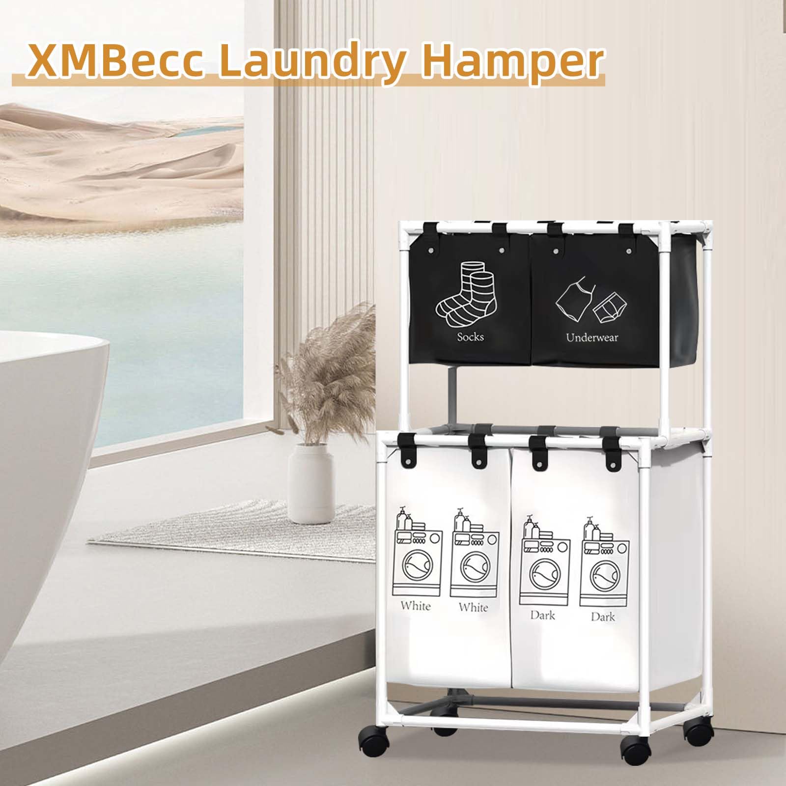 Laundry HamperLaundry Sorter, 3-Section Laundry Hamper with Wheels, Rolling Laundry Basket with Large Capacity and Removable Bags for Clothes Storage, White