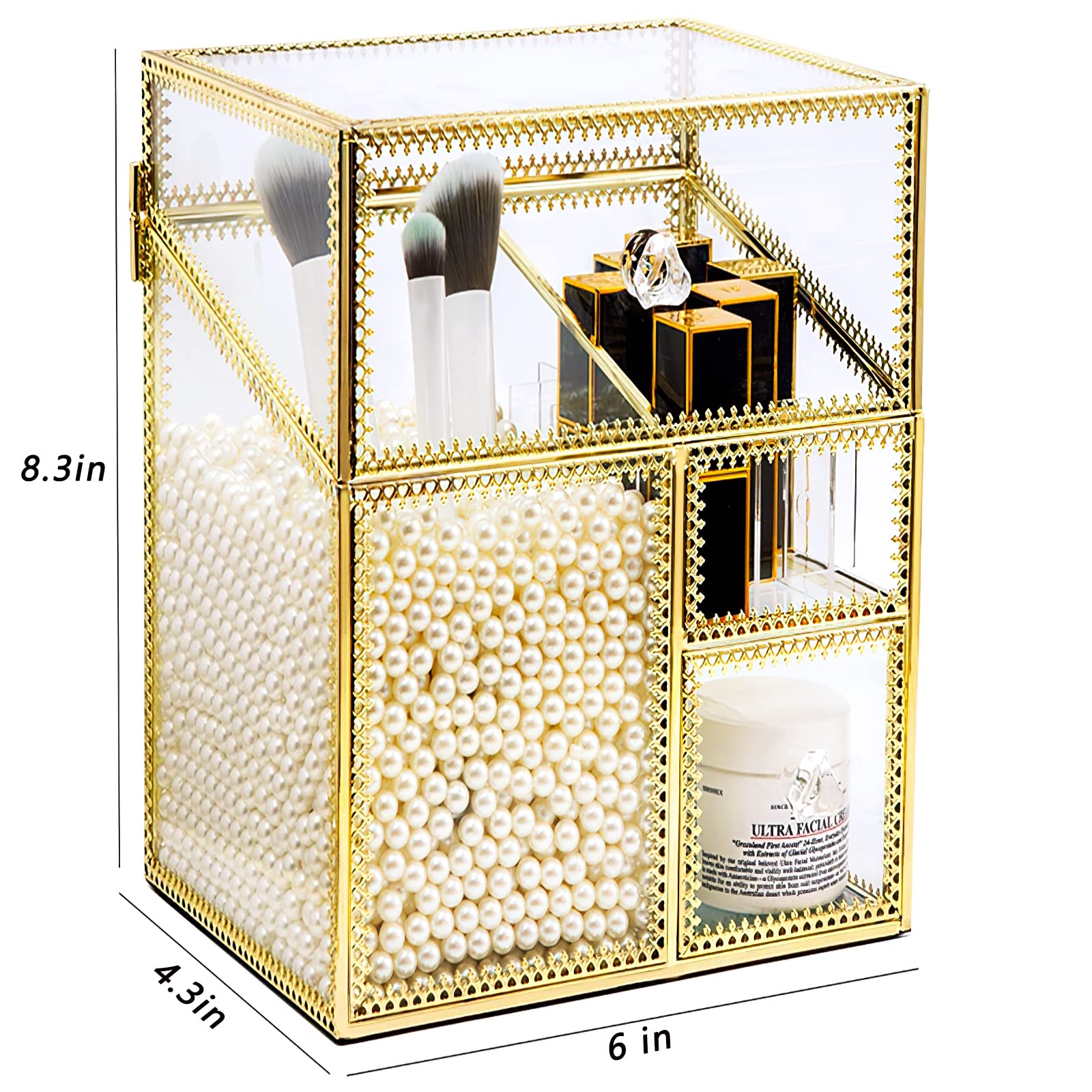 Large Glass Makeup Organizer Drawer Set Beauty Storage Bathroom Counter Organizer Cosmetic Display Jewelry Display Holder with 1300 pearls (16inx8.3inx4.3in)