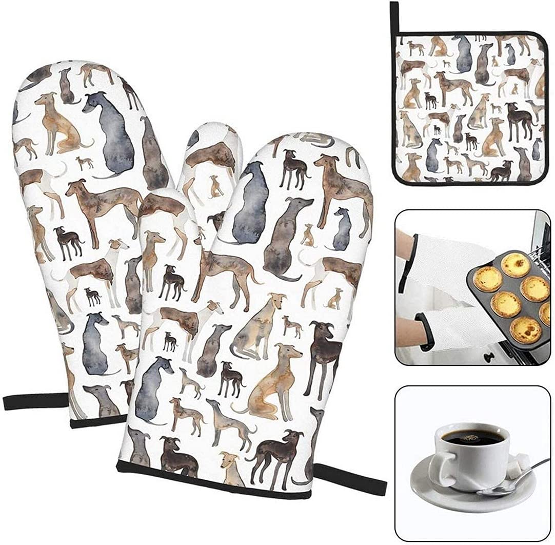 JKKL Greyhounds Wippets and Lurcher Dogs Pattern,3pcs Oven Mitts and Pot Holders for Kitchen,Cooking,Baking,Grilling,BBQ