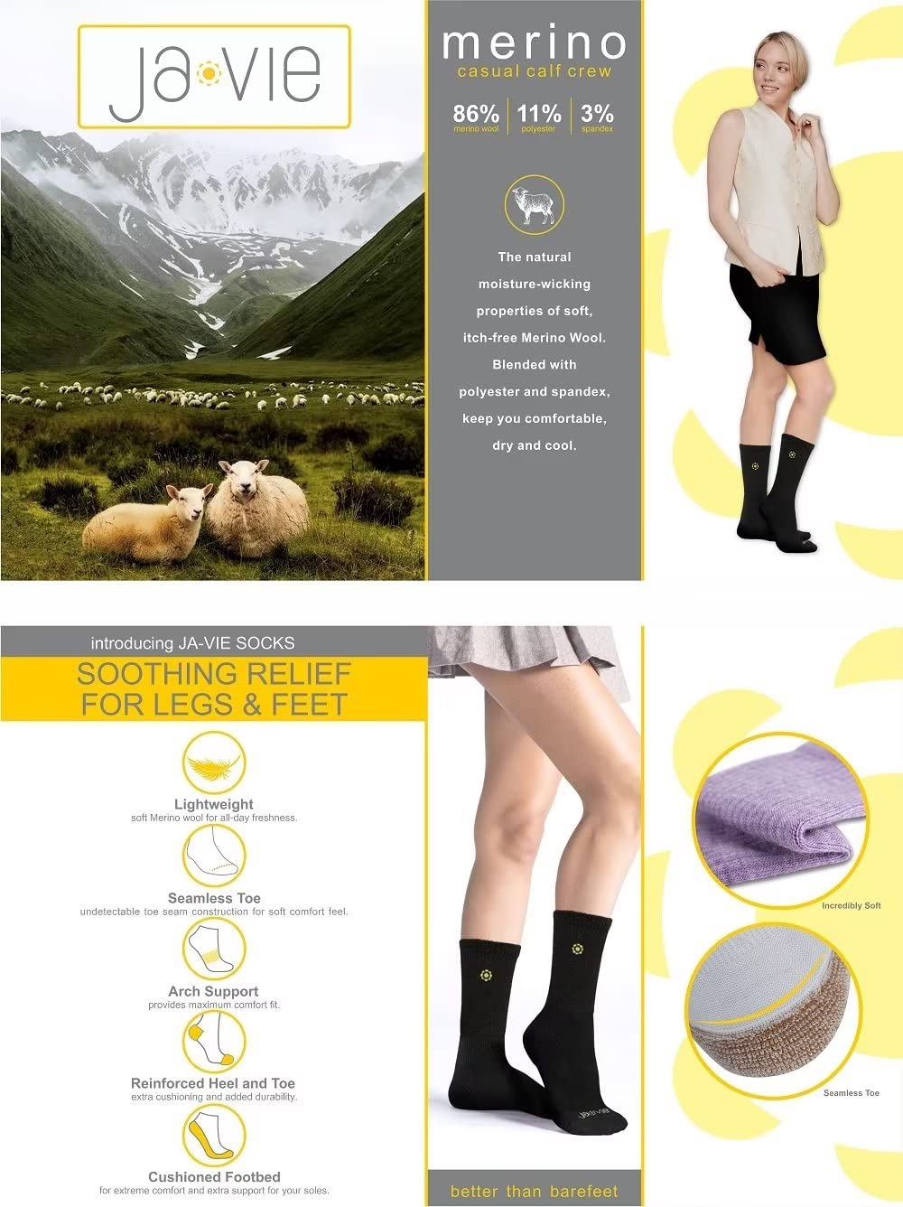 ja vie JAVIE 86% Merino Wool Ultra Soft Cushioned Lightweight Crew Socks for Men & Women