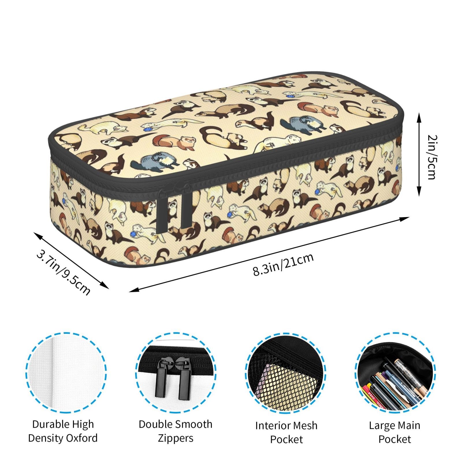 QHWLR Hairy Ferret print Pencil Case Large Capacity Pen Pouch for interlayer Adults Cosmetic Bag Supplies , Black