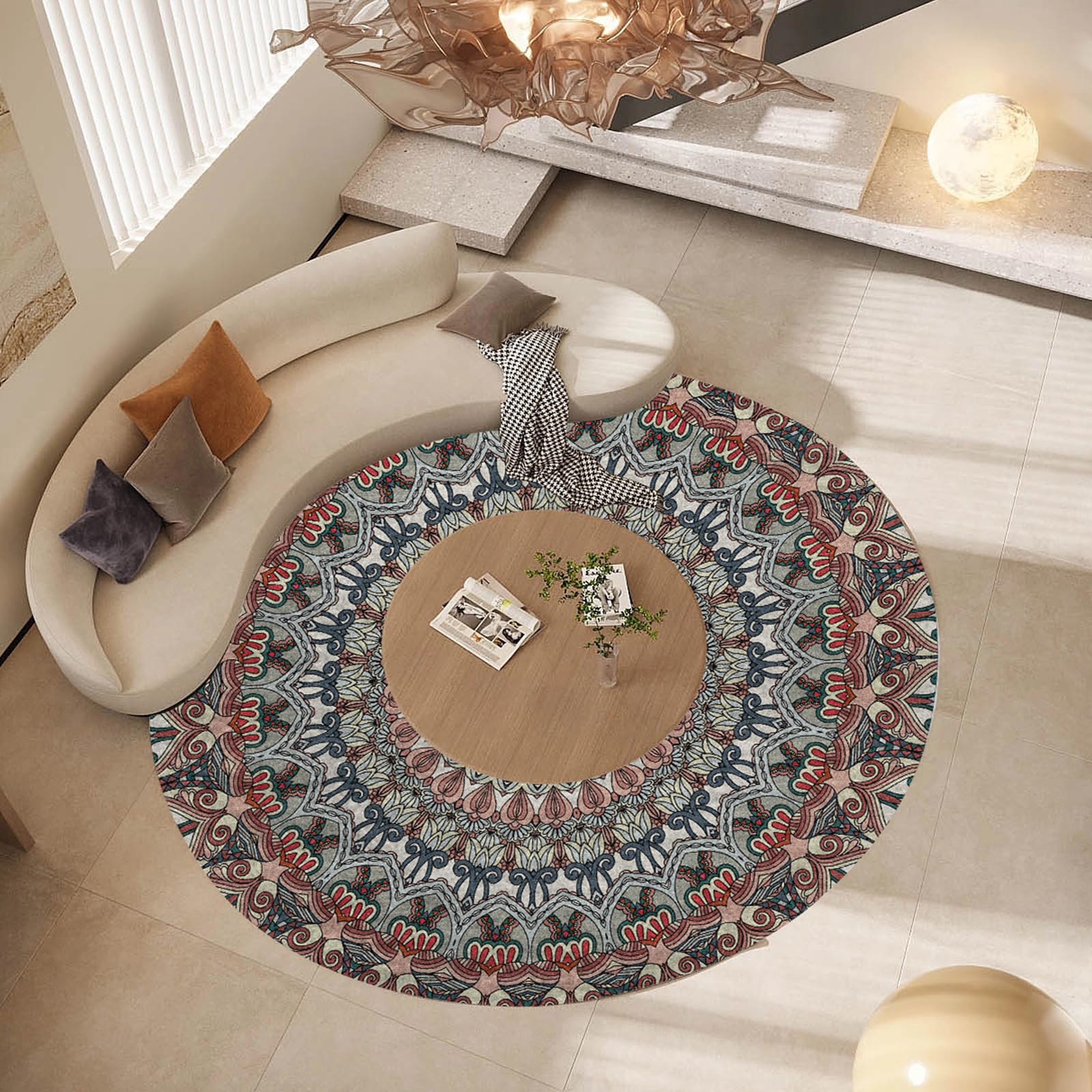 LeafLuxe Boho Round Area Rug 6×6 Washable Circle Area Rug for Bedroom Non Slip Low Pile Indoor Rug Circle Rug Vintage Round Rugs Carpet for Bathroom Kitchen Office Room