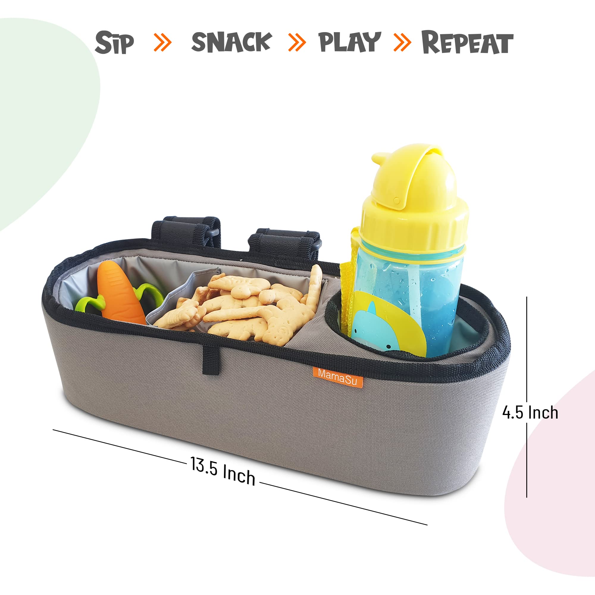 MamaSu Stroller Snack Tray - Universal stroller tray with Insulated Sippy Cup Holder - Non-Slip Straps - Universal Stroller Snack Tray Attachment Fits Most Types of Strollers (MS0922)